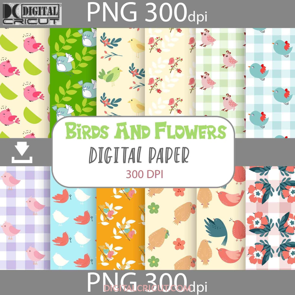 Birds And Flowers Seamless Pattern, Digital Papers, Scrapbook Papers ...