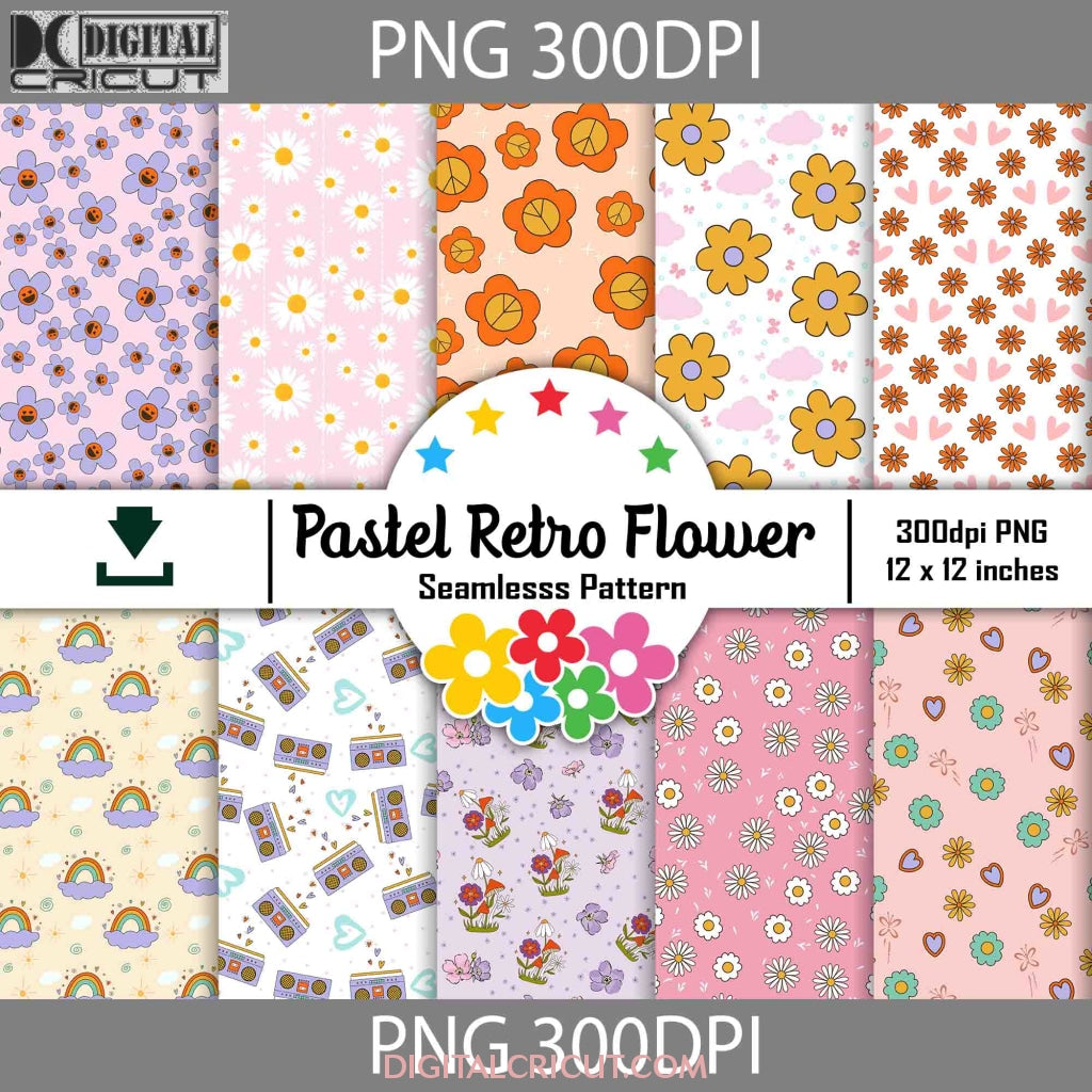 Pastel Retro Flower Seamless Pattern, Digital Papers, Scrapbook Papers ...