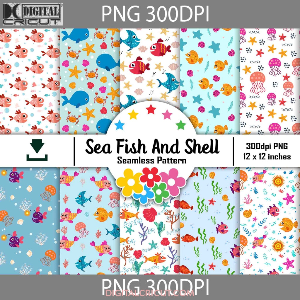 Sea Fish And Shell Seamless Pattern, Digital Papers, Scrapbook Papers, – Digitalcricut