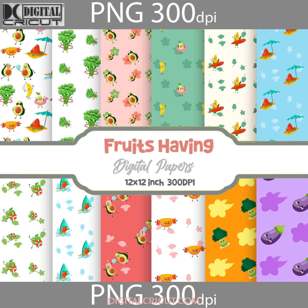 Fruits Having Fun On Beach Seamless Pattern, Digital Papers, Scrapbook ...