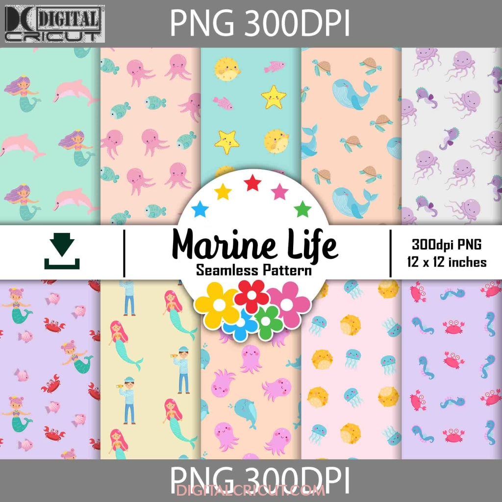 Marine Life Seamless Pattern, Digital Papers, Scrapbook Papers, Patter ...