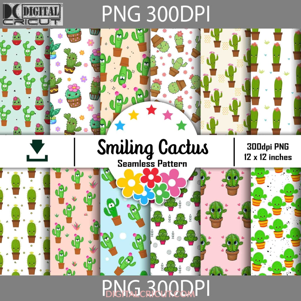 Smiling Cactus Seamless Pattern, Digital Papers, Scrapbook Papers ...