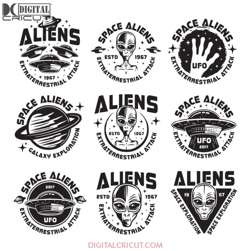 Ufo and aliens collection of nine emblems, labels, badges, UFO Alien ...